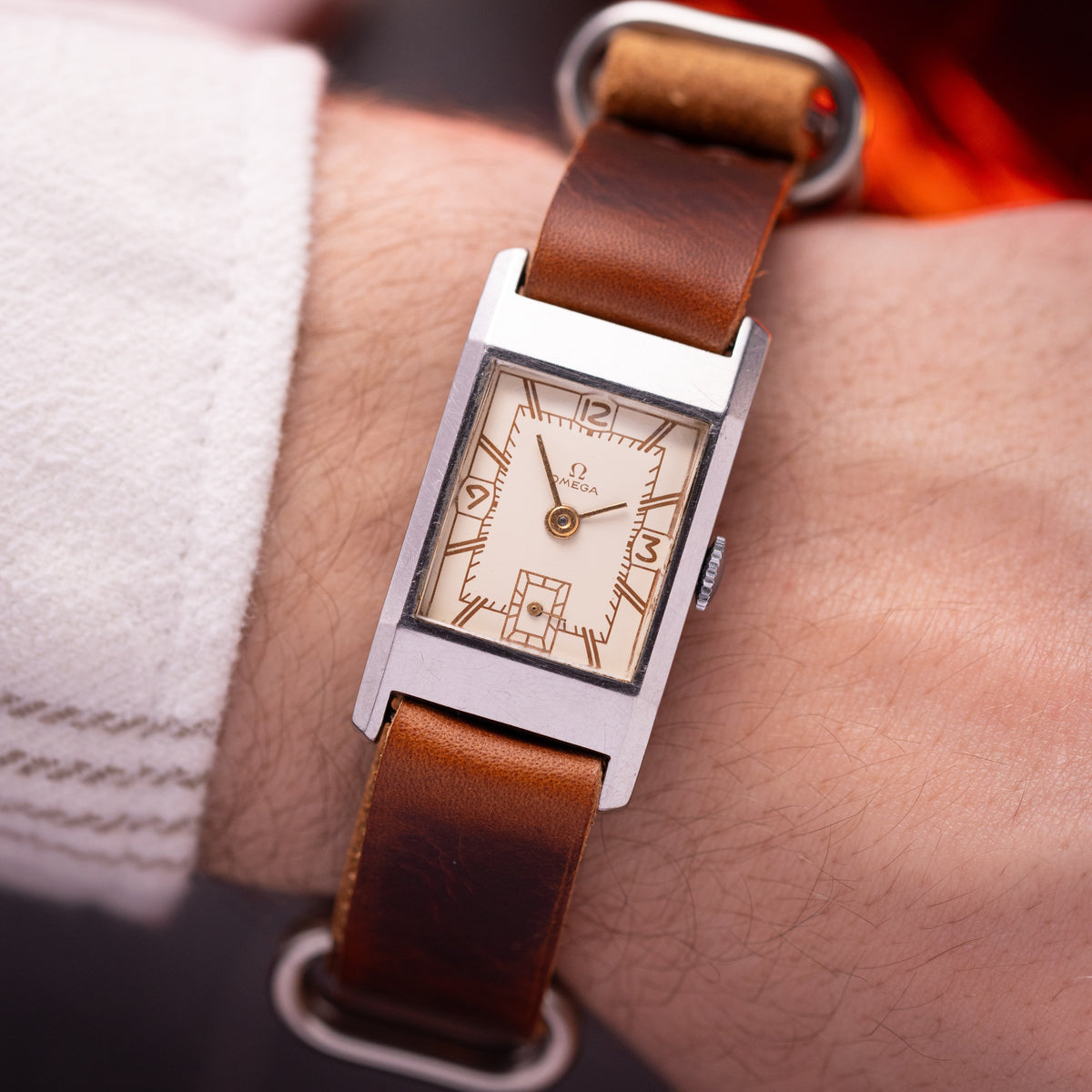 Montre rare « Omega » Tank en acier des années 1930, calibre mécanique ...