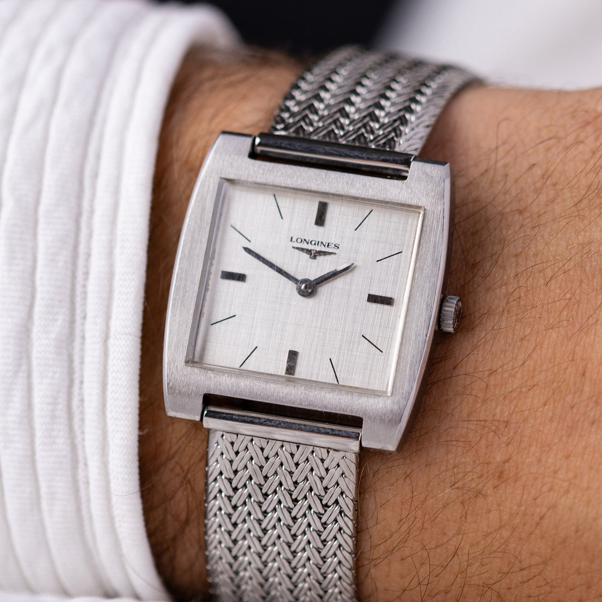 Vintage Longines Swiss Watch, Square Tank, Silver Linen Dial from 1970 ...